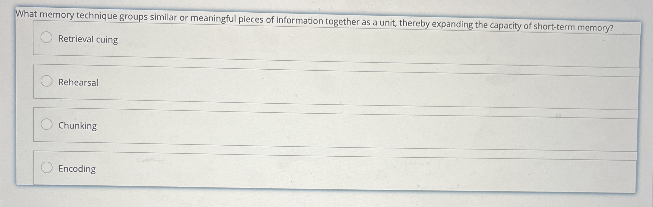 Solved What memory technique groups similar or meaningful | Chegg.com