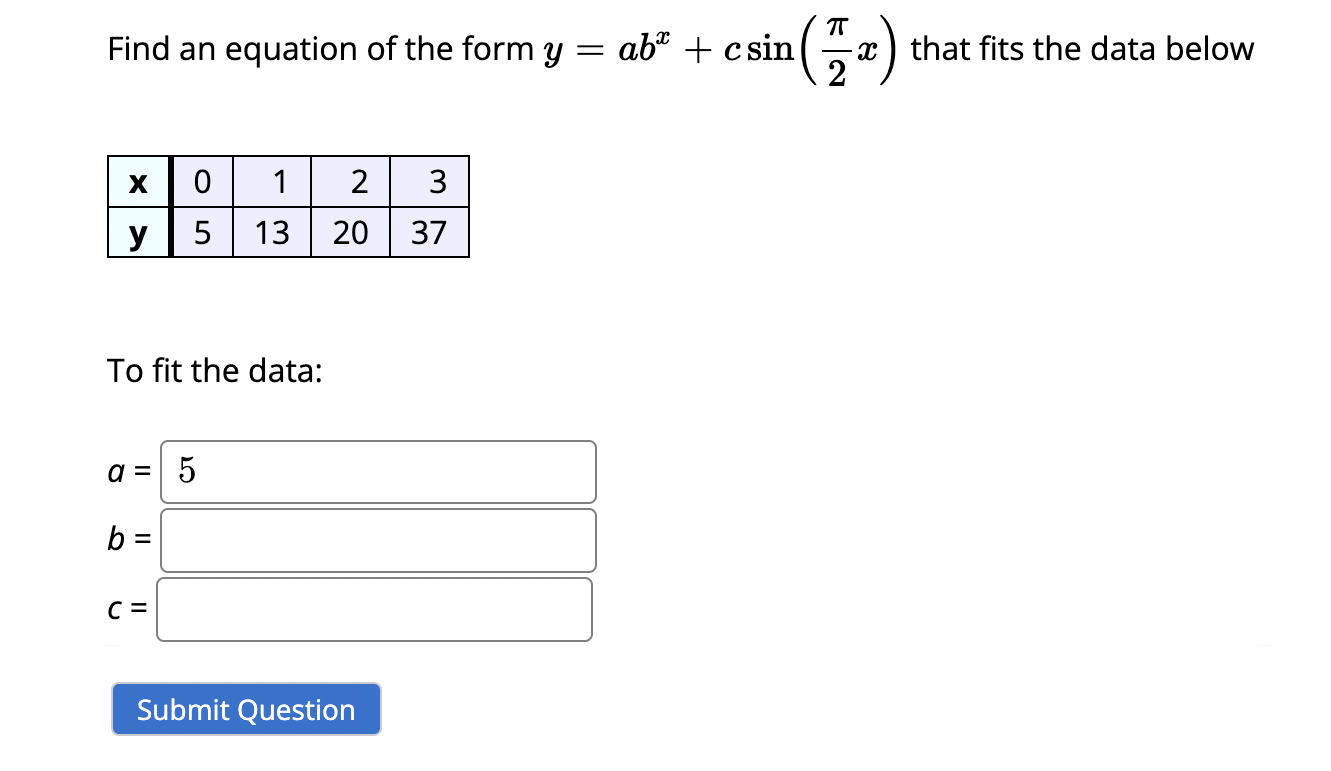 Solved Find an equation of the form y=abx+csin(π2x) ﻿that | Chegg.com