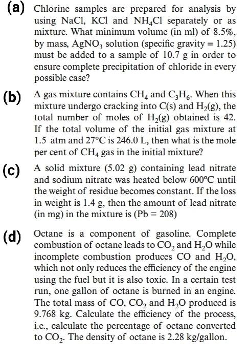 Solved (c) (a) Chlorine samples are prepared for analysis by | Chegg.com