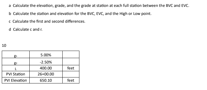Solved a Calculate the elevation, grade, and the grade at | Chegg.com