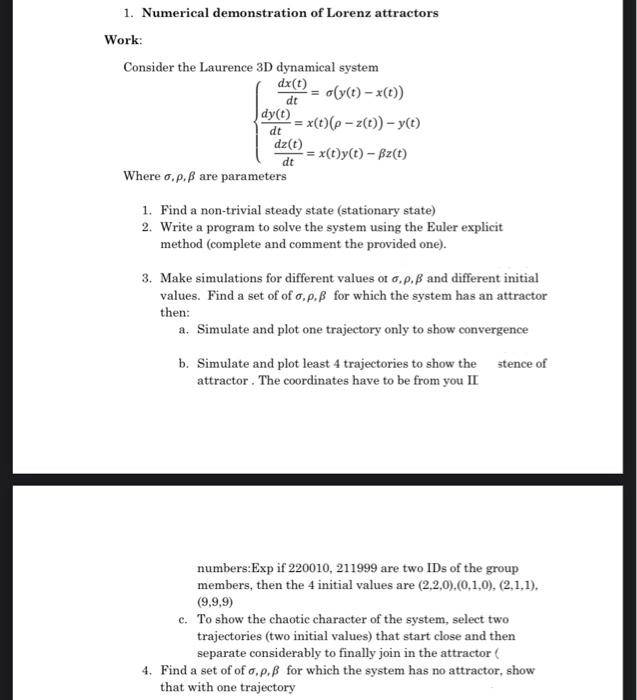 1. Numerical demonstration of Lorenz attractors Work: | Chegg.com