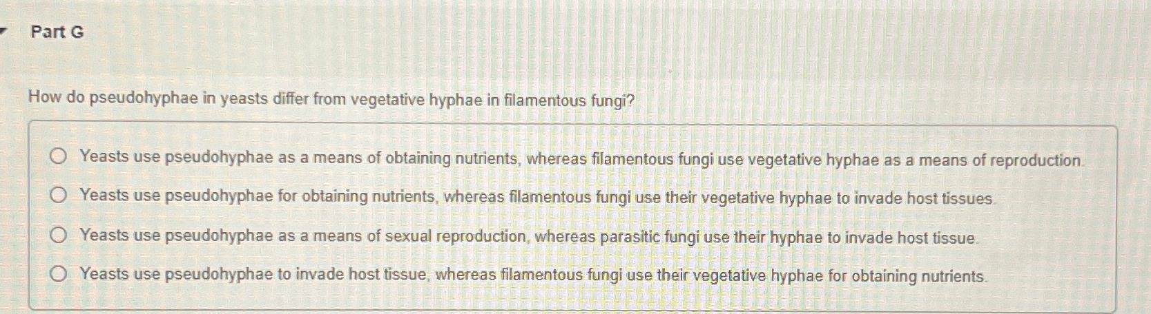 Solved Part GHow do pseudohyphae in yeasts differ from | Chegg.com
