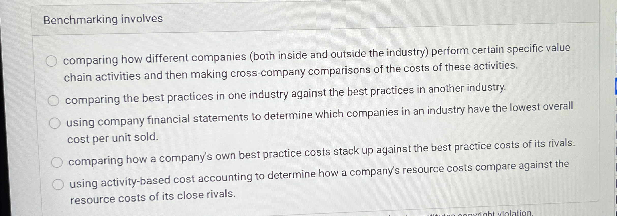 Solved Benchmarking involvescomparing how different | Chegg.com