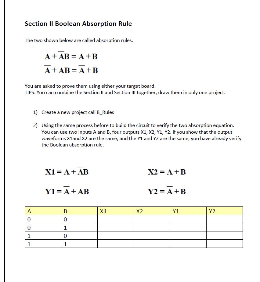 Solved Section II Boolean Absorption RuleThe two shown below | Chegg.com