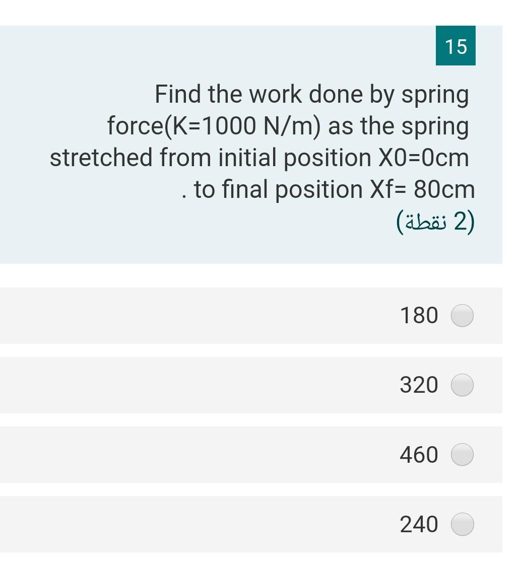 Solved 15 Find the work done by spring force(K=1000 N/m) as | Chegg.com