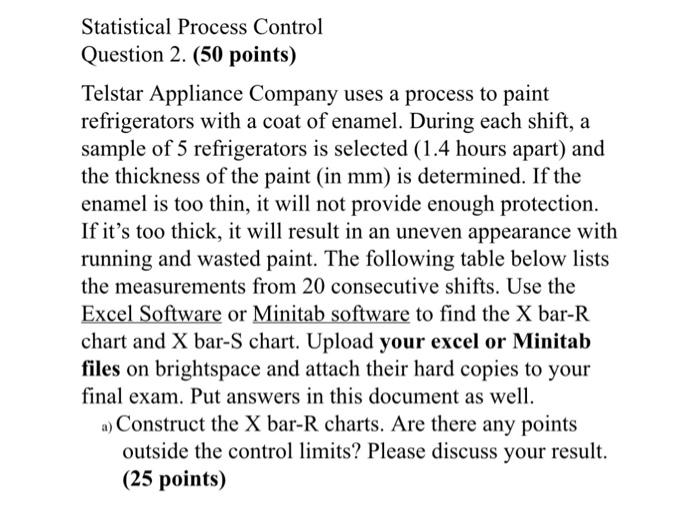 Statistical Process Control Question 2. (50 points) | Chegg.com