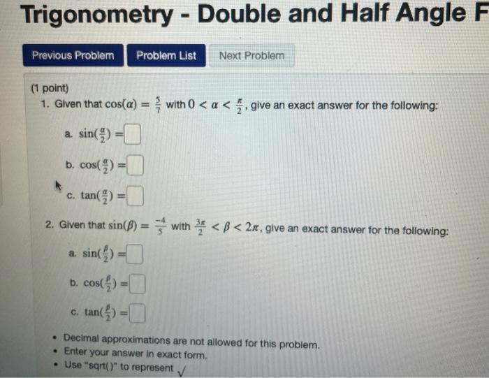 Solved Trigonometry - Double and Half Angle F Previous | Chegg.com