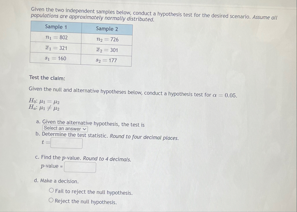Solved Given the two independent samples below, conduct a | Chegg.com