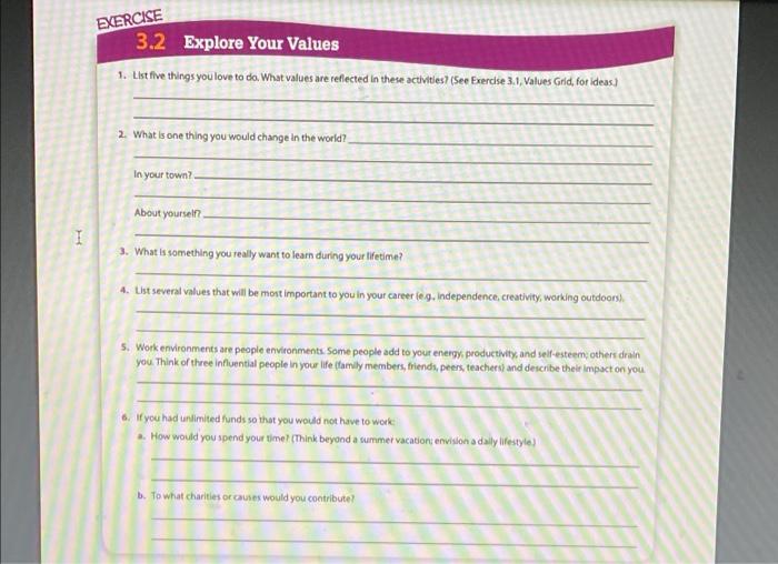 Solved EXERCISE 3.2 Explore Your Values 1. List five things | Chegg.com