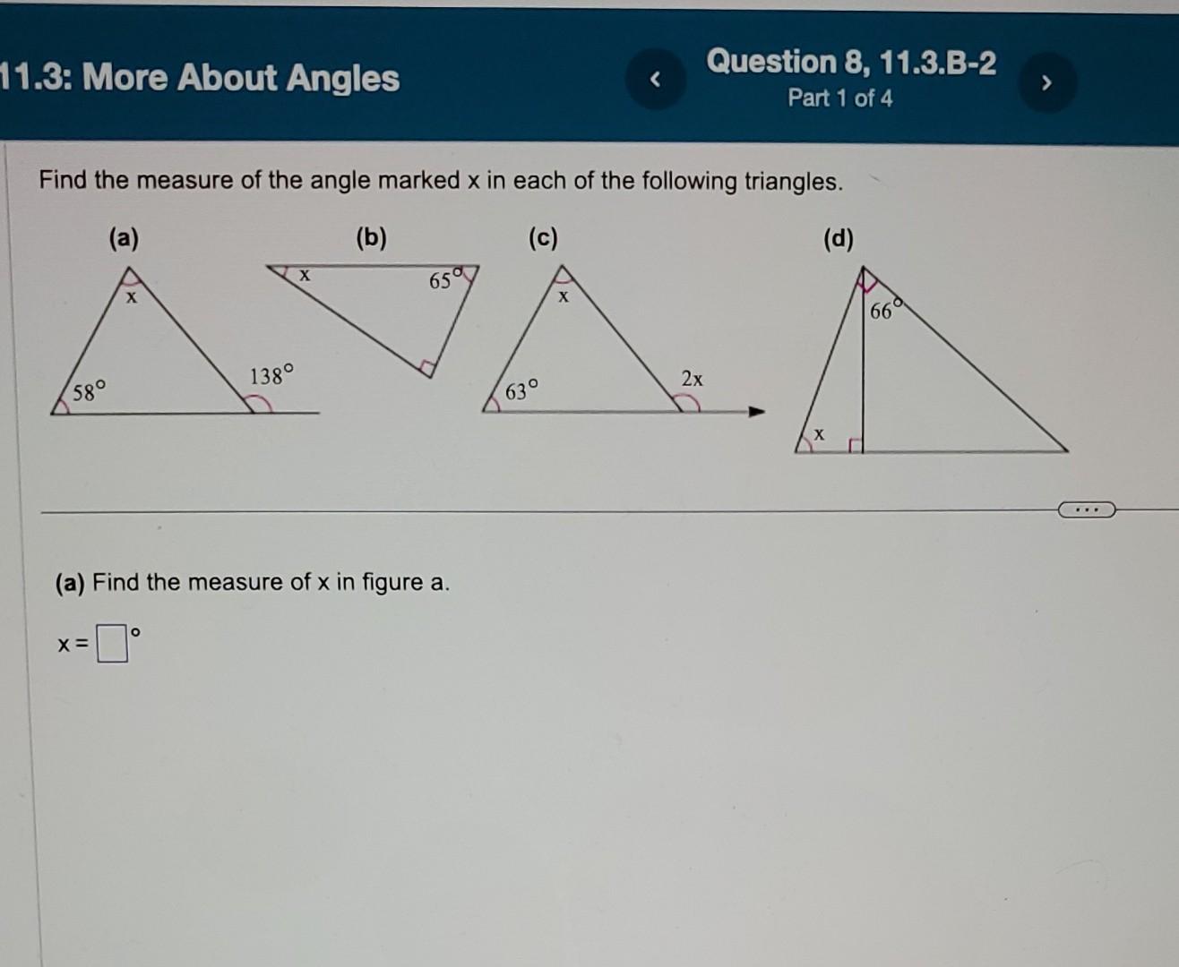 Solved 11.3: More About Angles Question 8 Find the measure | Chegg.com