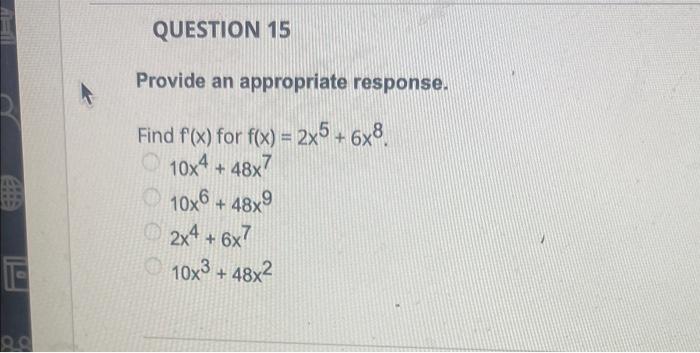Solved Provide an appropriate response. Find f′(x) for | Chegg.com