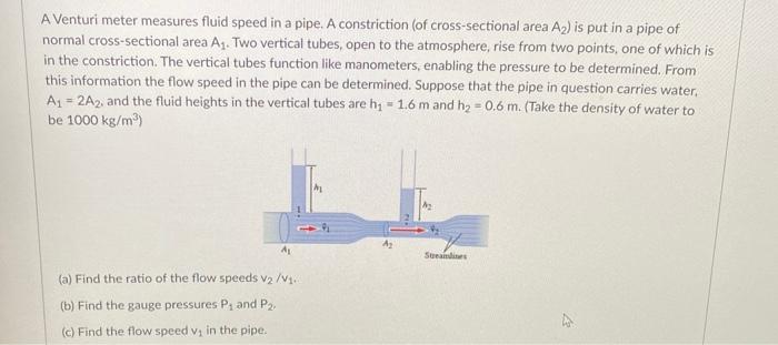Solved A Venturi meter measures fluid speed in a pipe. A | Chegg.com