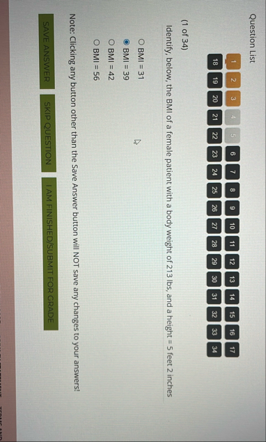 Solved Question List(1 ﻿of 34)Identify, below, the BMI of a | Chegg.com