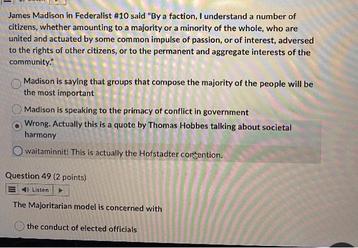 James Madison in Federalist #10 said "By a faction, I | Chegg.com