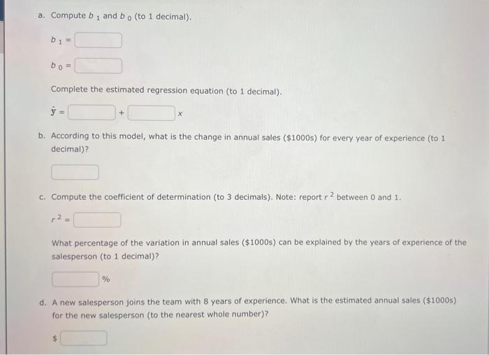 Solved a. Compute b1 and b0 (to 1 decimal). b1=b0= Complete | Chegg.com
