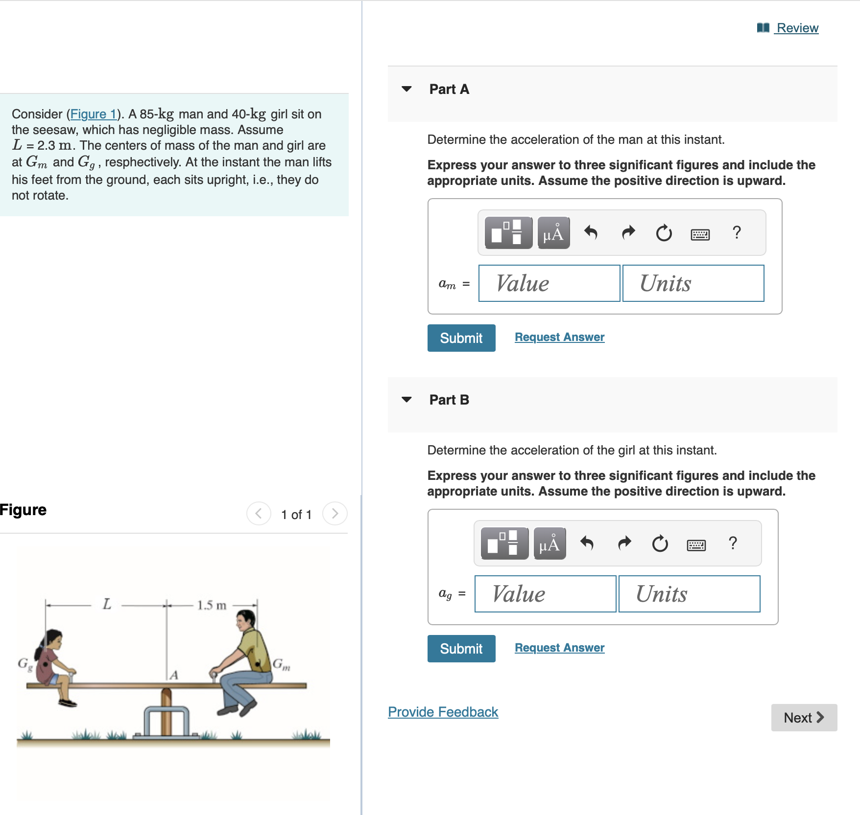 Solved Consider (Figure 1). ﻿A 85-kg man and 40-kg girl sit | Chegg.com