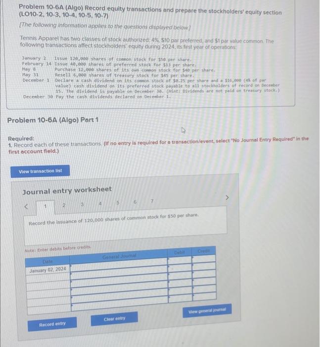 Solved Problem 10.6A (Algo) Record equity transactions and | Chegg.com