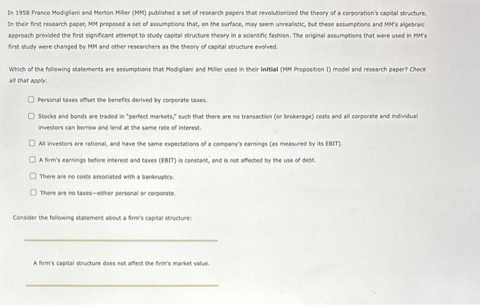Solved In 1958 Franco Modigliani and Merton Miller (MM) | Chegg.com