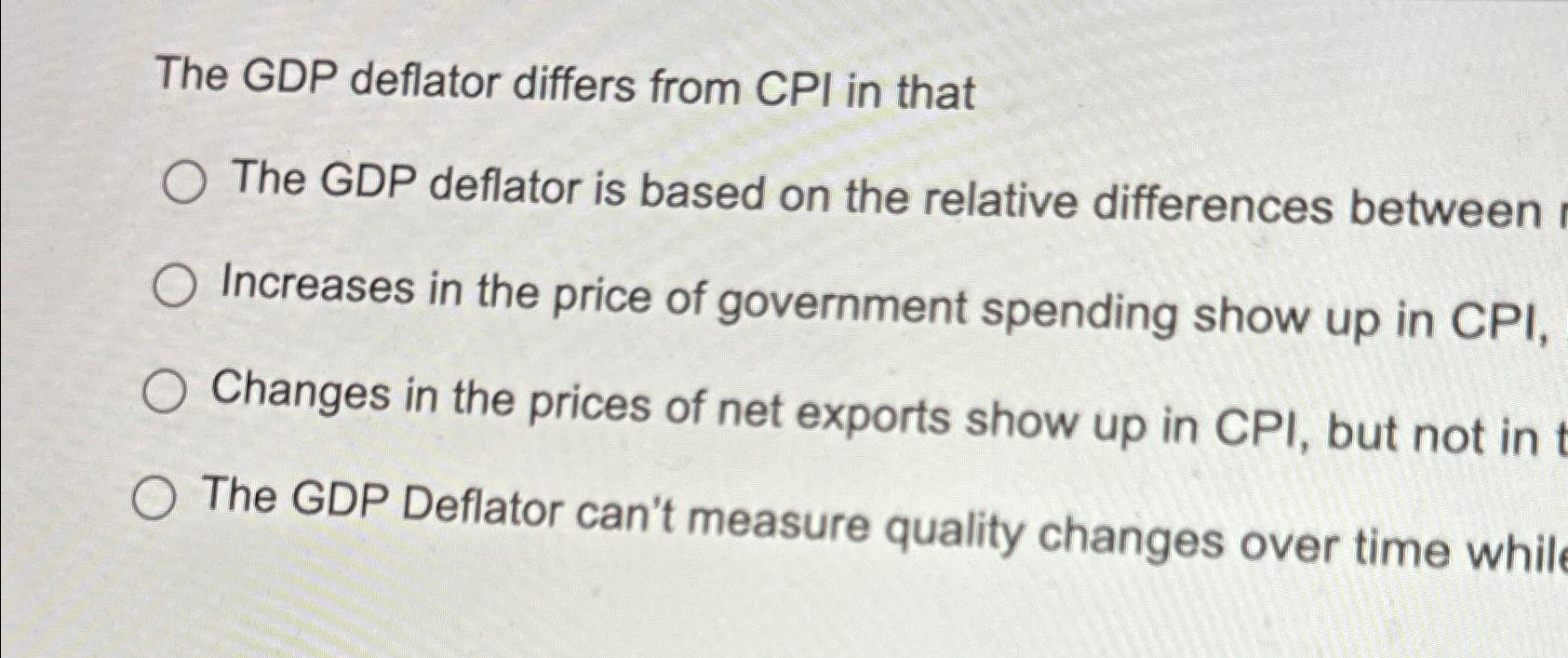 Solved The GDP deflator differs from CPI in thatThe GDP | Chegg.com