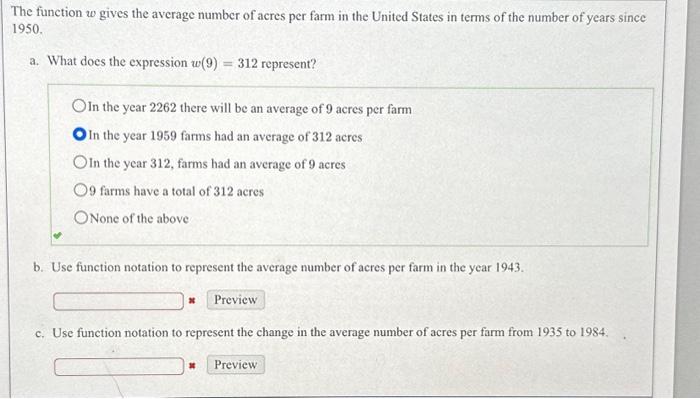 Solved The function w gives the average number of acres per | Chegg.com