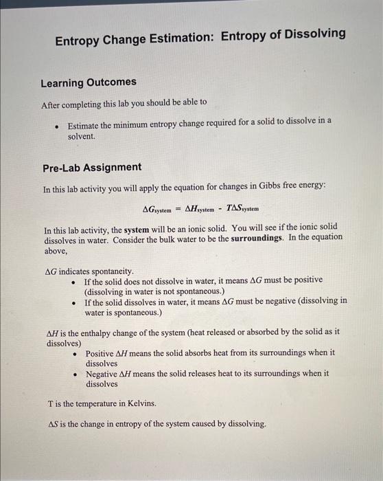 Entropy Change Estimation: Entropy of Dissolving | Chegg.com