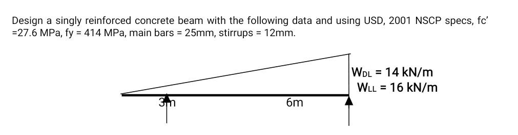 Solved Design a singly reinforced concrete beam with the | Chegg.com
