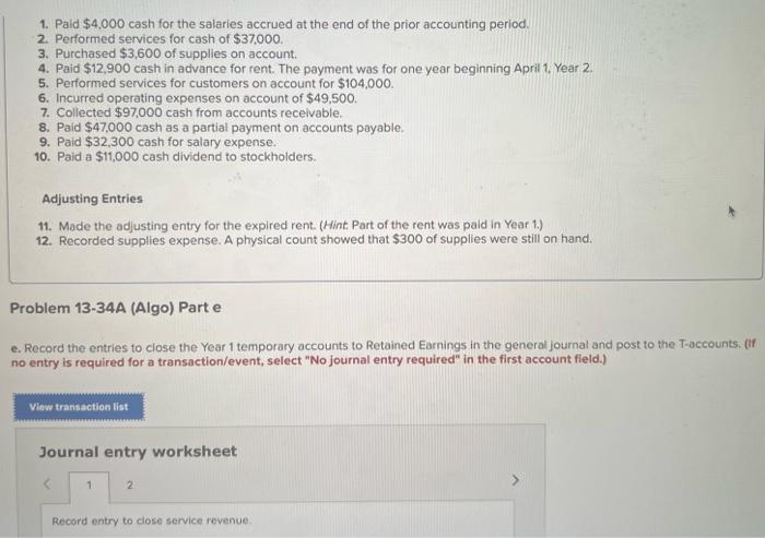 Problem 13-34A (Algo) Two complete accounting cycles | Chegg.com
