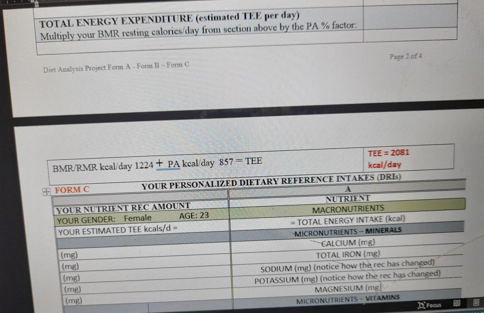 Solved using the total energy expenditure( TEE) of 2081 | Chegg.com