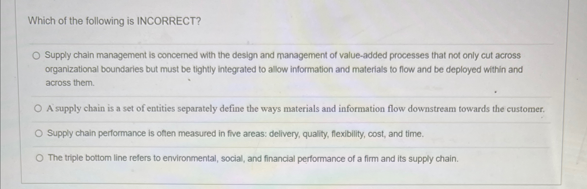 Solved Which of the following is INCORRECT?Supply chain | Chegg.com