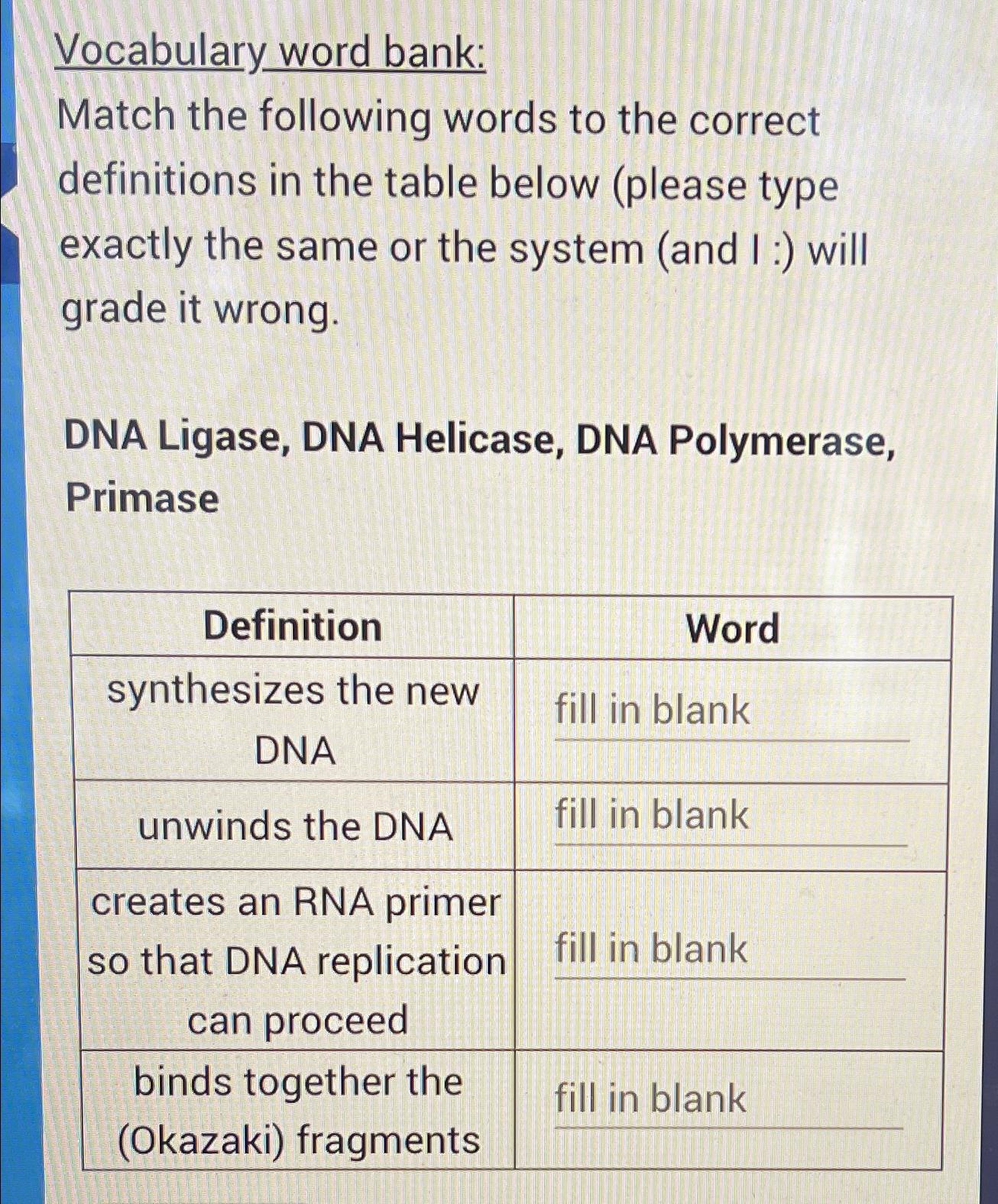 Solved Vocabulary word bank:Match the following words to the | Chegg.com