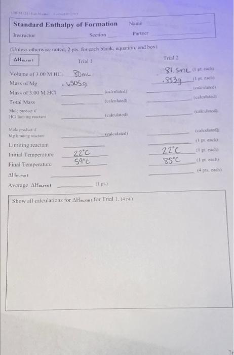 Solved Name Standard Enthalpy of Formation Instructor | Chegg.com