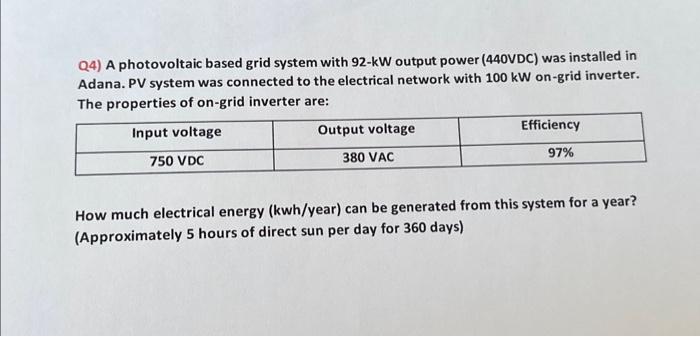 Solved Q4) A photovoltaic based grid system with 92−kW | Chegg.com