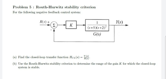 Solved Problem 5 : Routh-Hurwitz stability criterion For the | Chegg.com