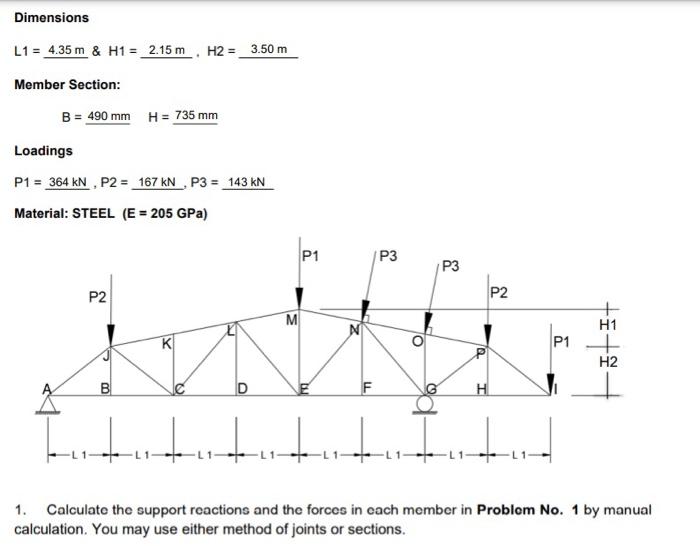 Solved Dimensions L1=4.35 m&H1=2.15 m⋅H2=3.50 m Member | Chegg.com