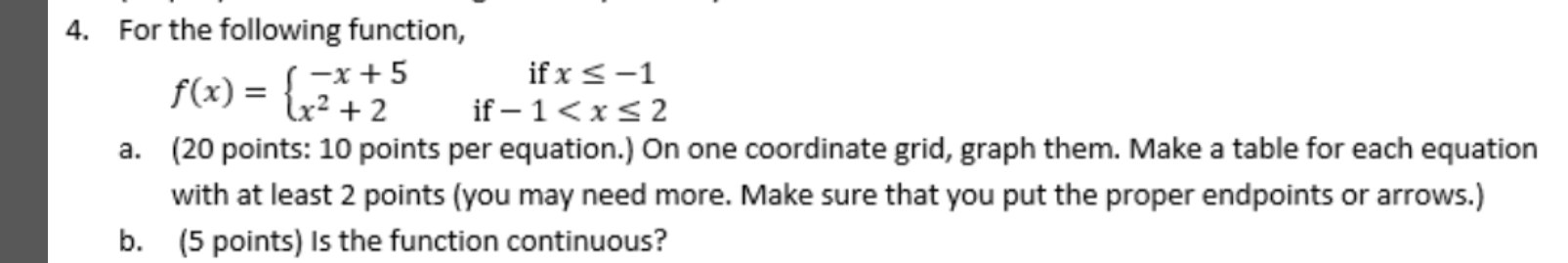 Solved 4. For the following function, f(x)={−x+5x2+2 if x≤−1 | Chegg.com