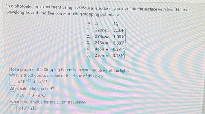 Solved In a photoelectric experiment using a Potasium | Chegg.com