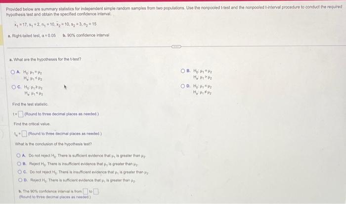 Solved Provided below are summary statistics for independent | Chegg.com