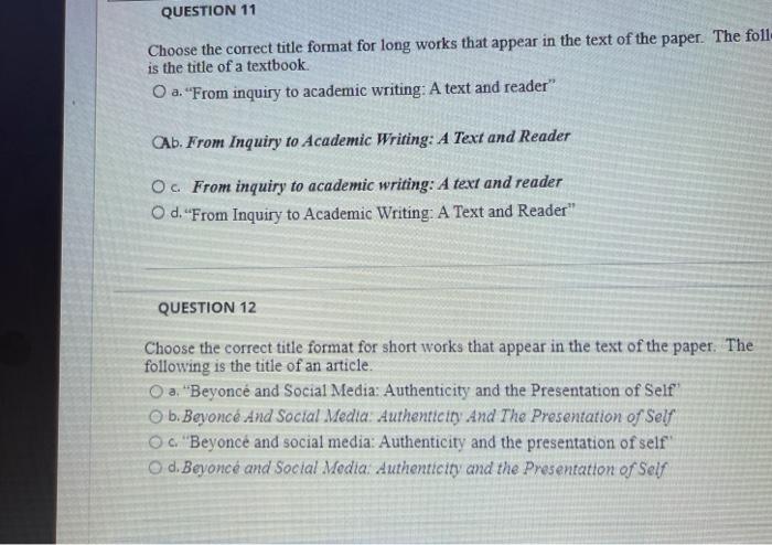 Solved QUESTION 11 Choose the correct title format for long | Chegg.com