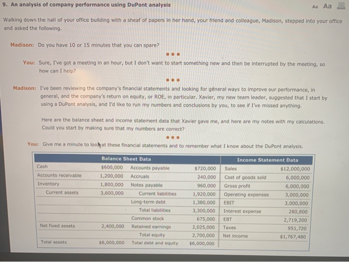 Solved 9. An analysis of company performance using DuPont | Chegg.com