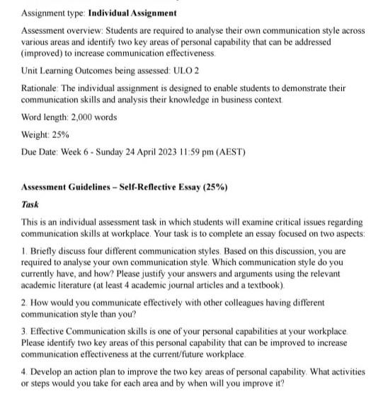 Assignment type: Individual Assignment Assessment | Chegg.com