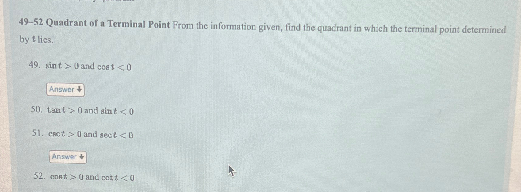 Solved 49-52 ﻿Quadrant of a Terminal Point From the | Chegg.com