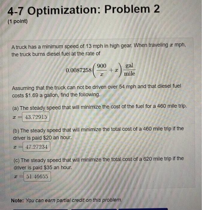 4-7 Optimization: Problem 2 (1 point) A truck has a | Chegg.com
