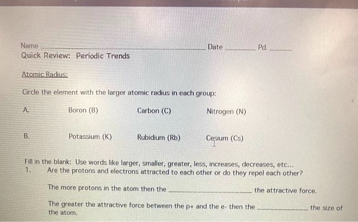 Solved Date Name Quick Review: Periodic Trends Pd. Atomic | Chegg.com
