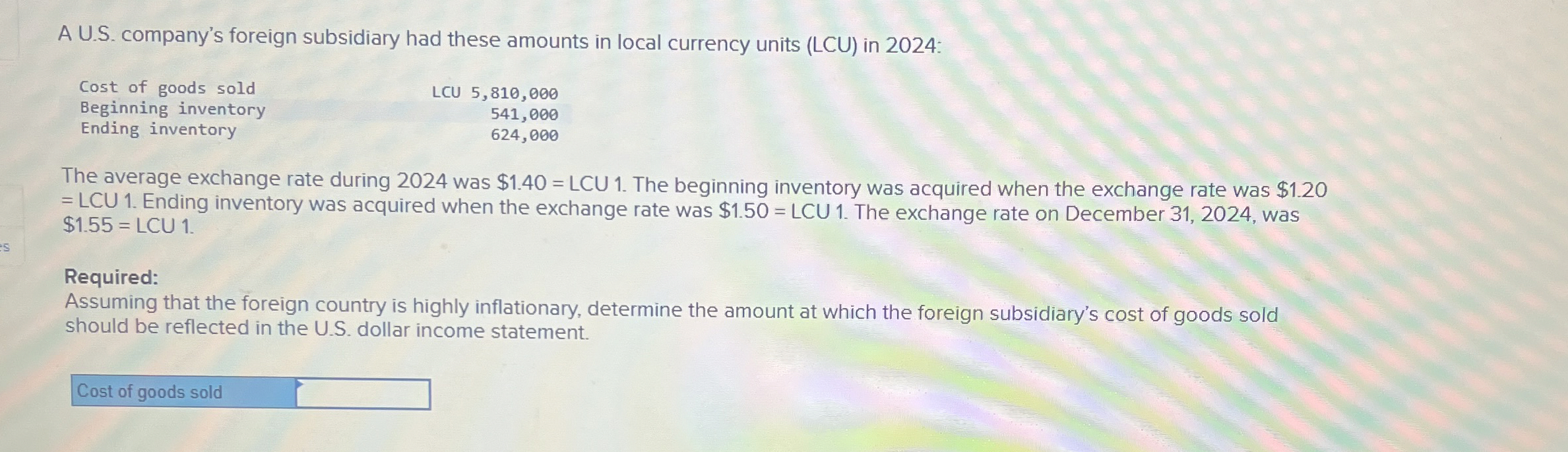 Solved A U.S. ﻿company's foreign subsidiary had these | Chegg.com