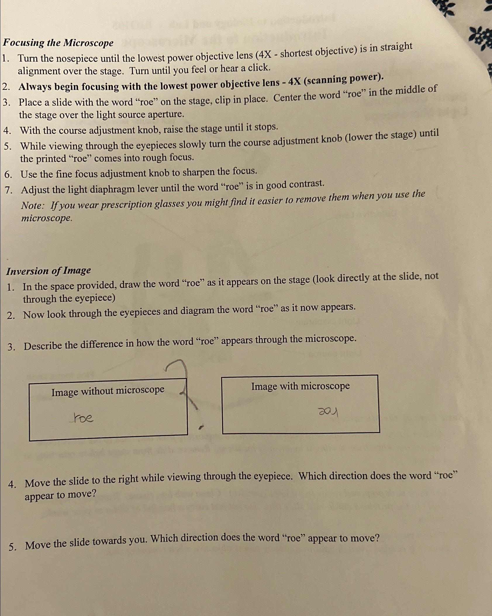 Solved Focusing the MicroscopeTurn the nosepiece until the | Chegg.com