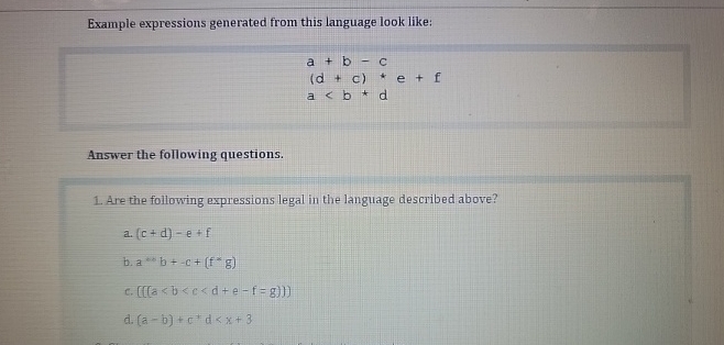 Solved by an EXPERT Example expressions generated from this language look | Chegg.com