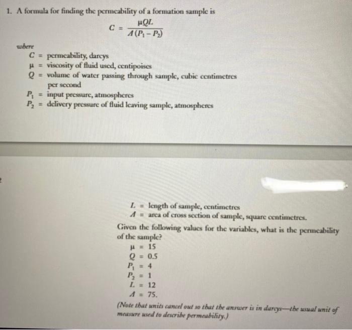 Solved C = 1. A formula for finding the permeability of a | Chegg.com
