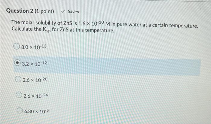 Solved Question 2 (1 point) Saved The molar solubility of | Chegg.com