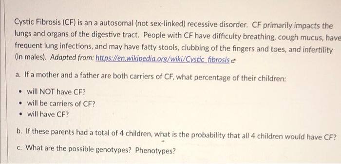 Solved Cystic Fibrosis Cf Is An A Autosomal Not 9420