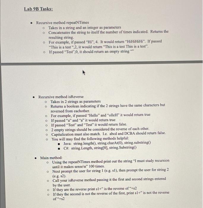 Solved Lab 9B Tasks: • Recursive method repeat Times • Takes | Chegg.com